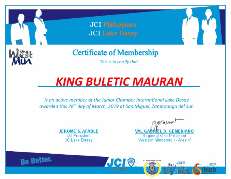 JCI Lake Dasay Membership Certificate | PDF | Sports & Recreation ...