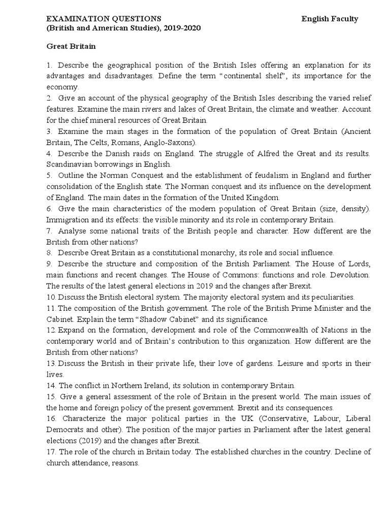 English & American Studies Exam | PDF | United Kingdom | England