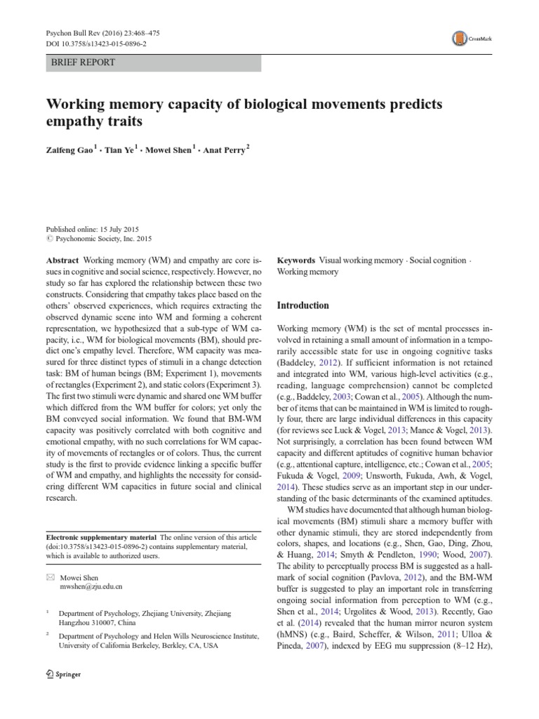 Working Memory Capacity of Biological Movements Predicts Empathy Traits ...