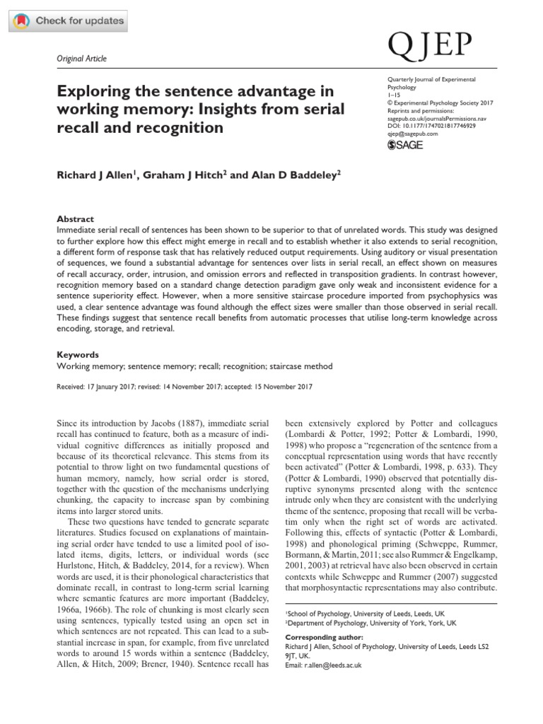 Exploring The Sentence Advantage in Working Memory: Insights From ...