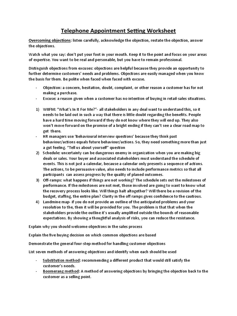 Telephone Appointment Setting Worksheet | PDF | Résumé | Behavior