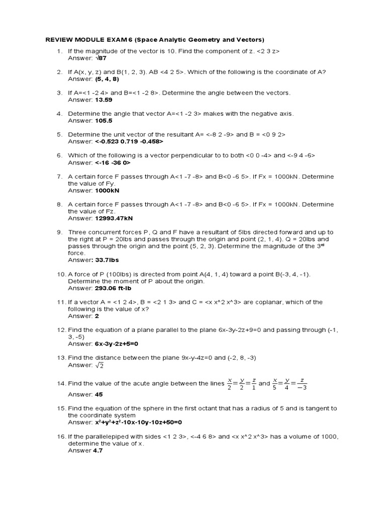REVIEW MODULE EXAM 6 (Space Analytic Geometry & Vectors) | PDF ...