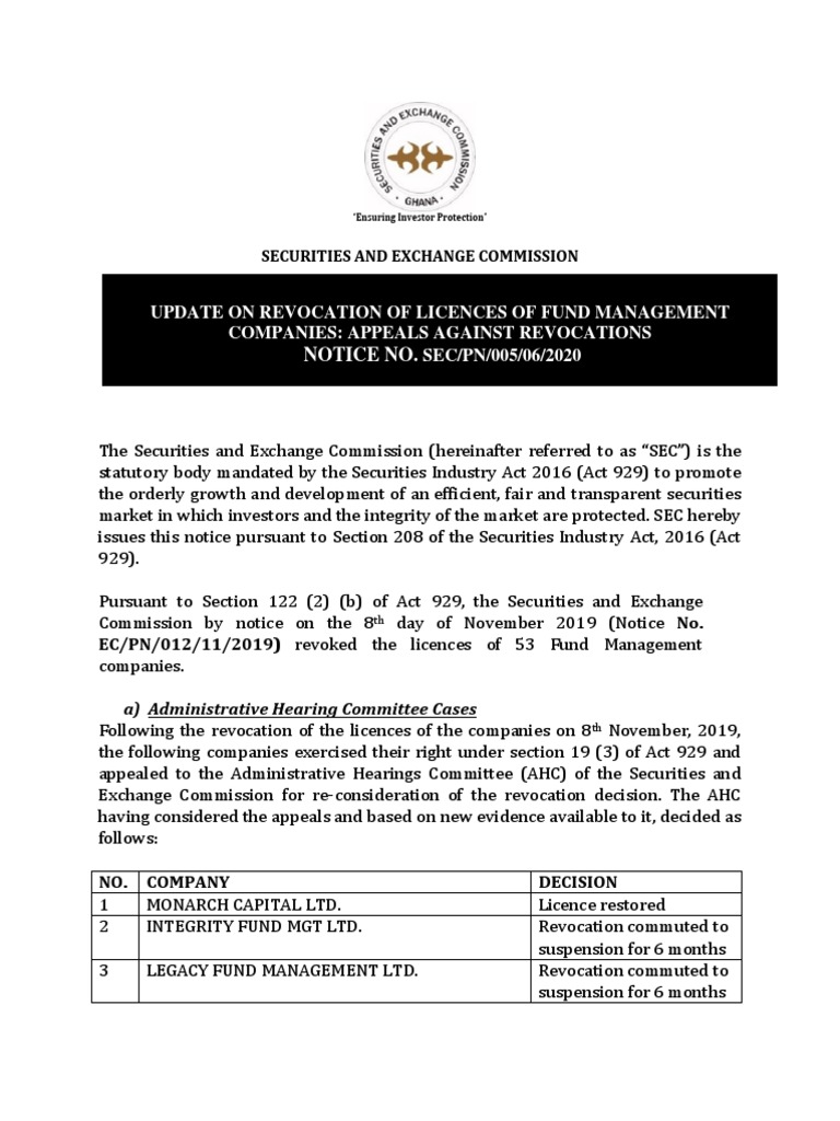 Public Notice On Update On Revocation of Licencees On Fund Managment ...