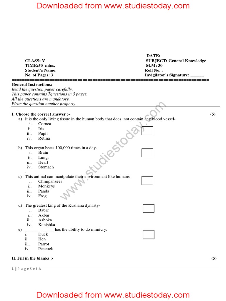 CBSE Class 5 General Knowledge Question Paper Set A | Nature