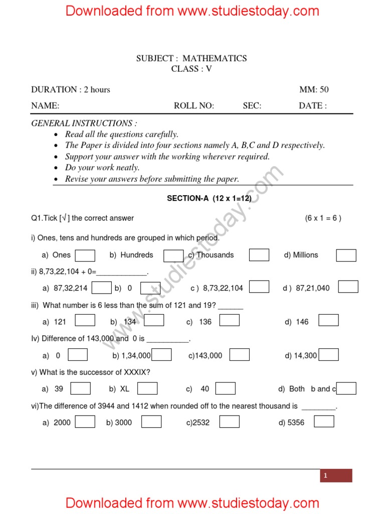 CBSE Class 5 Mathematics Question Paper Set E | Download Free PDF ...