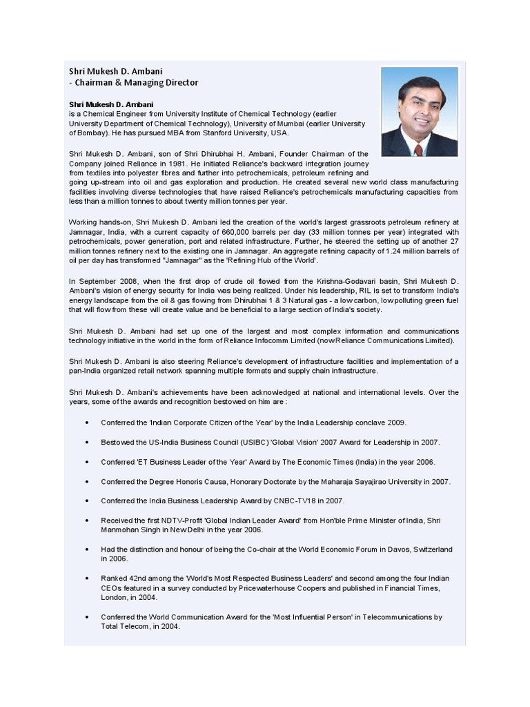 About Mukesh Ambani | PDF | Oil Refinery | Economies