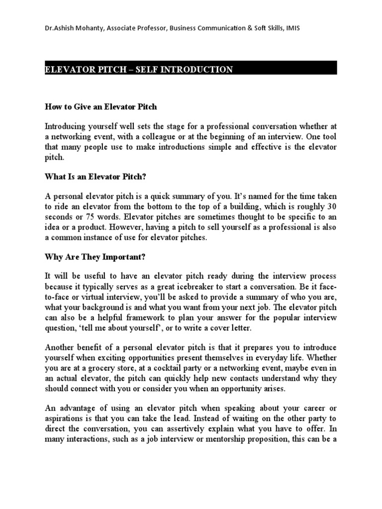 Elevator Pitch - Self Introduction | PDF | Mentorship | Interview