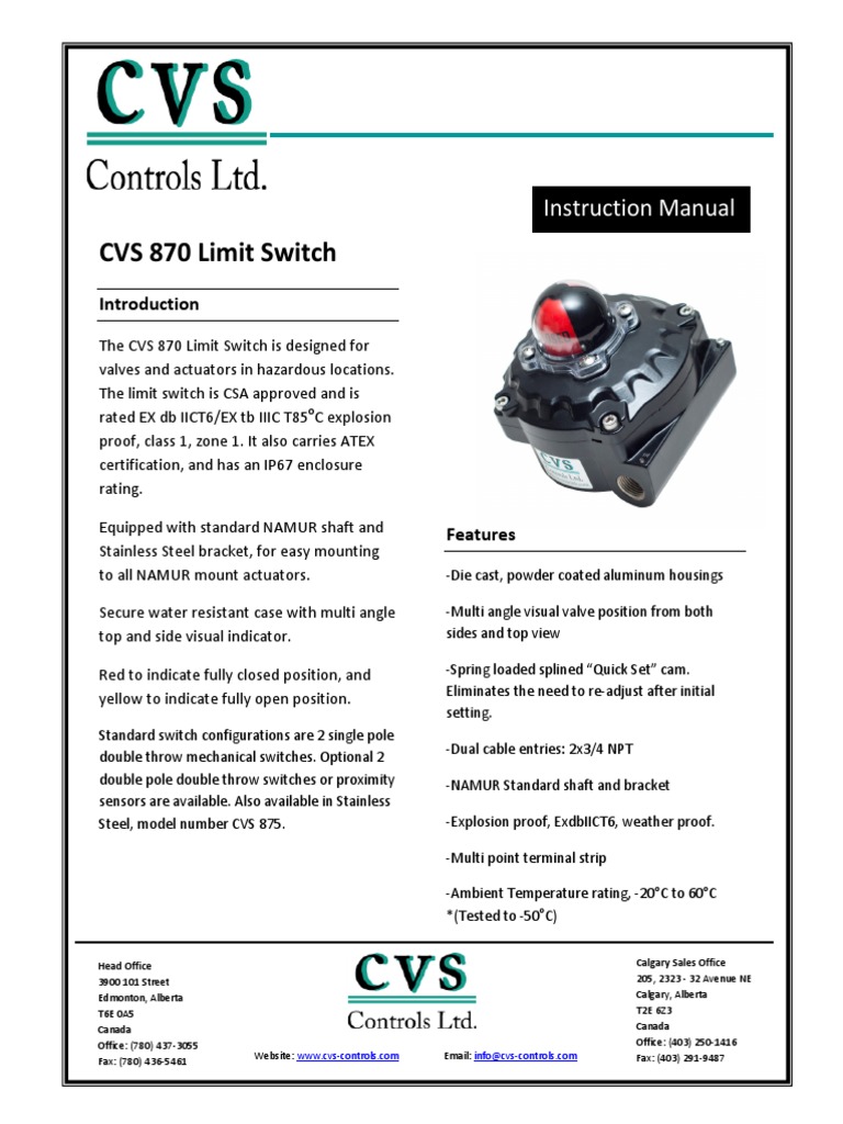 CVS 870 Limit Switch: Instruction Manual | Download Free PDF | Valve ...