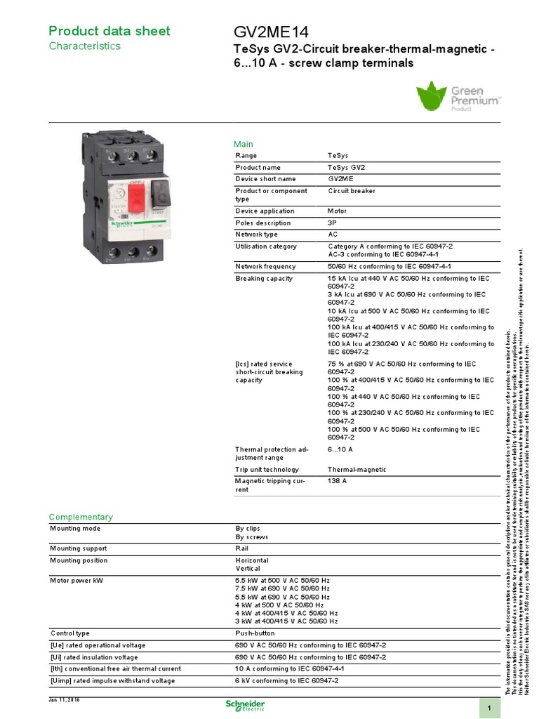 Schneider GV2ME14 Circuit Breaker Data | PDF | Alternating Current ...