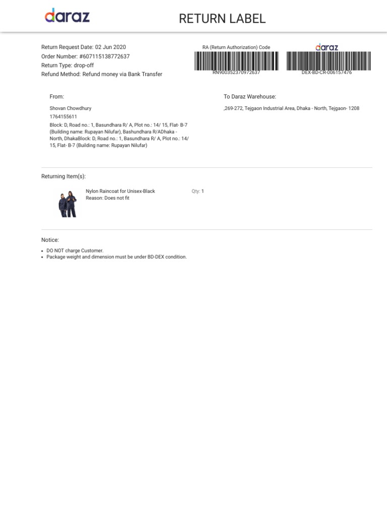 Daraz Product Return Label | PDF