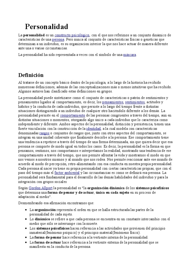 definicion de personalidad | Sicología y ciencia cognitiva | Metafísica