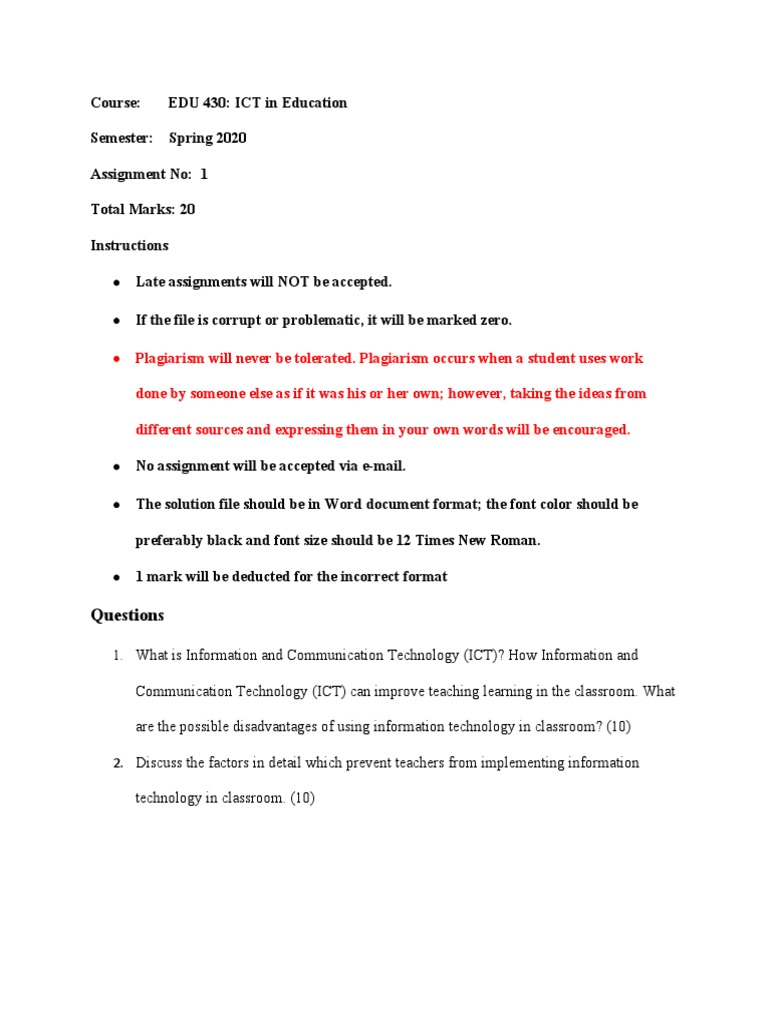 Course: EDU 430: ICT in Education Semester: Spring 2020 Assignment No ...