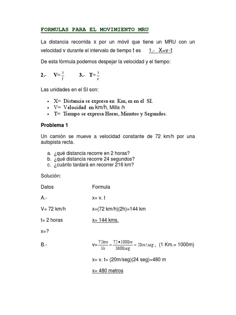 Fórmulas Del MRU | PDF | Velocidad | Aceleración
