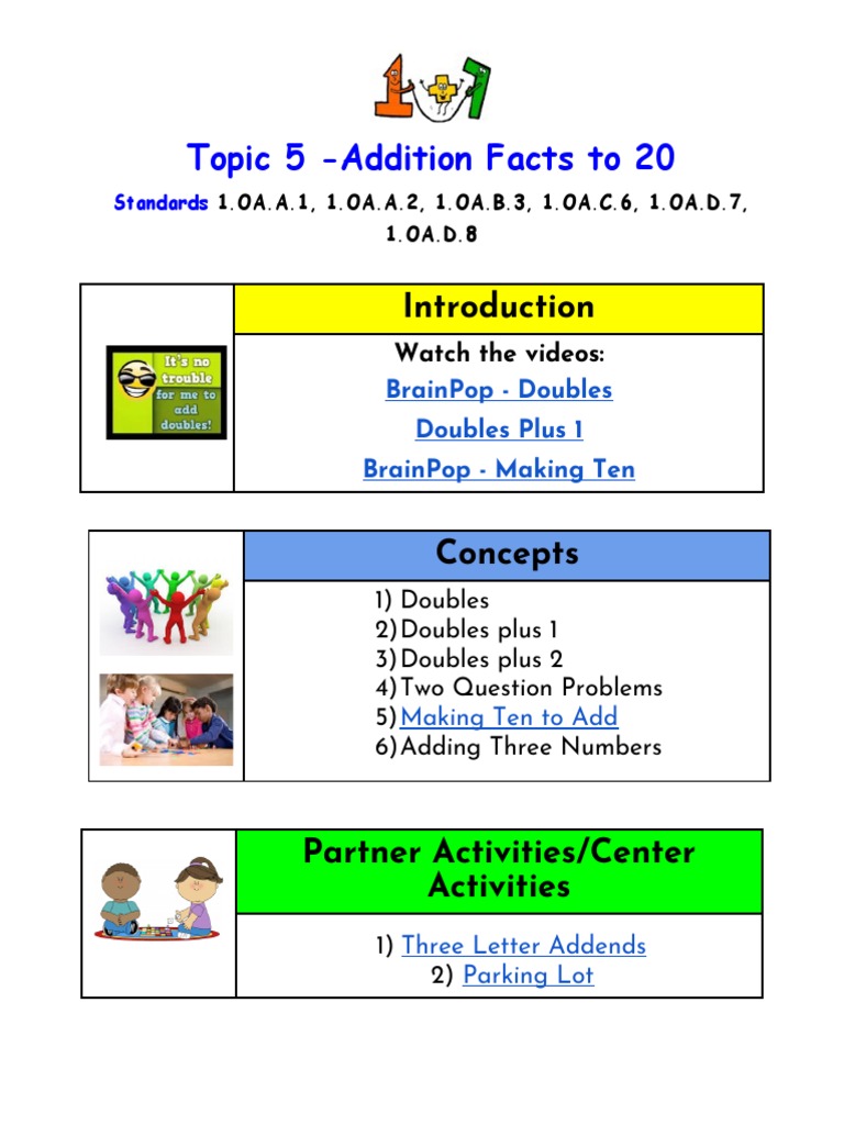 Topic 5 - Addition Facts To 20 | PDF