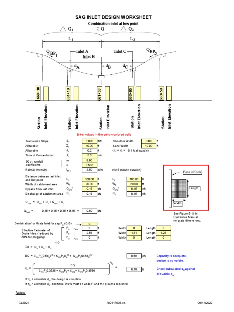 Sag Inlet Design Worksheet | PDF | Microsoft Excel | Nature