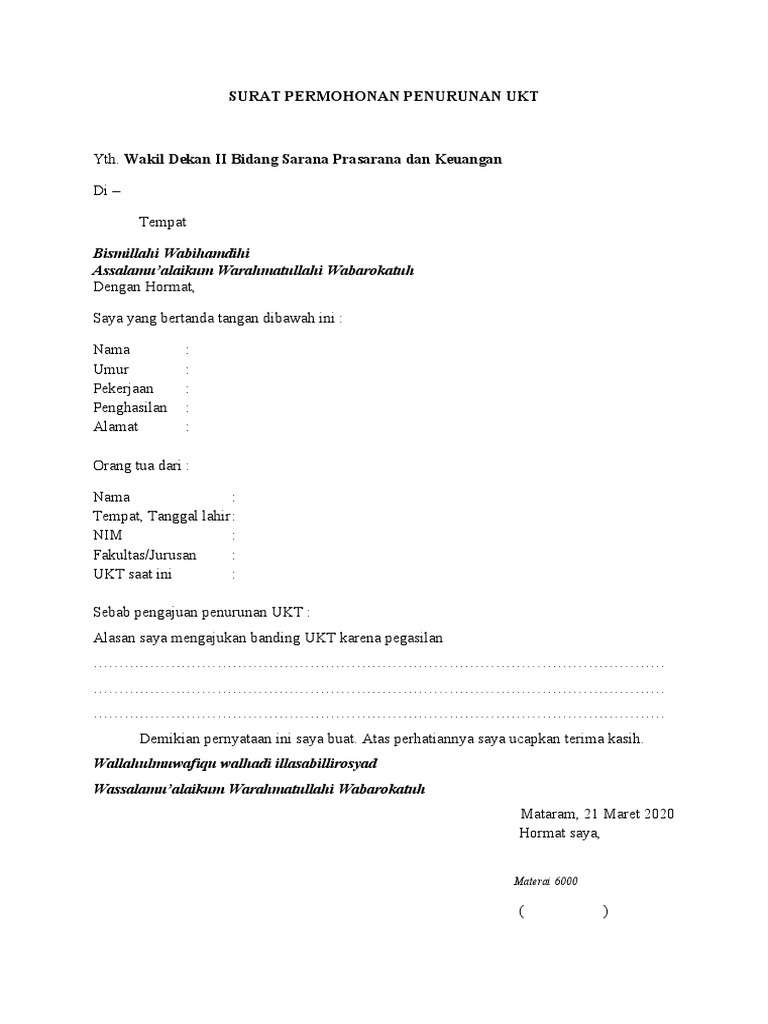 Surat Permohonan Penurunan Ukt | PDF