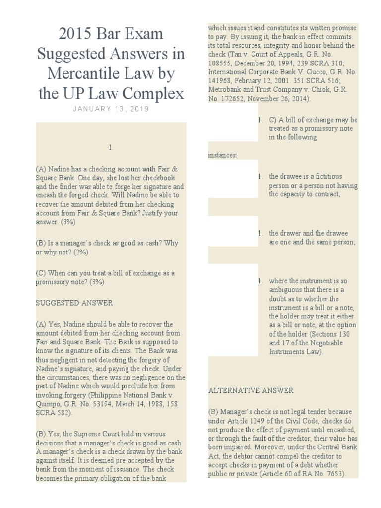 2015 Bar Exam Suggested Answers in Mercantile Law by The UP Law Complex ...