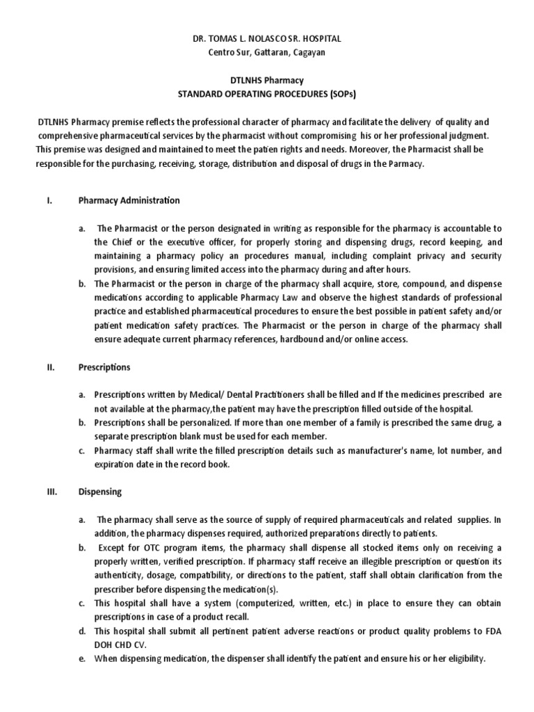 Standard Operating Procedures Hospital | PDF | Pharmacy | Medical ...
