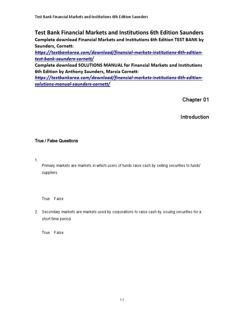 Test Bank for Financial Markets 6th Ed. | PDF | Financial Markets ...
