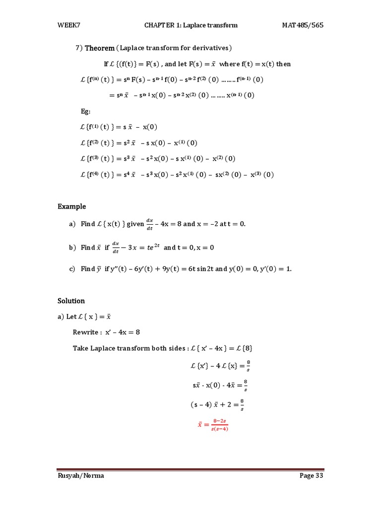 Week7 CHAPTER 1: Laplace Transform MAT485/565: (N) N n-1 n-2 (2) (n-1 ...
