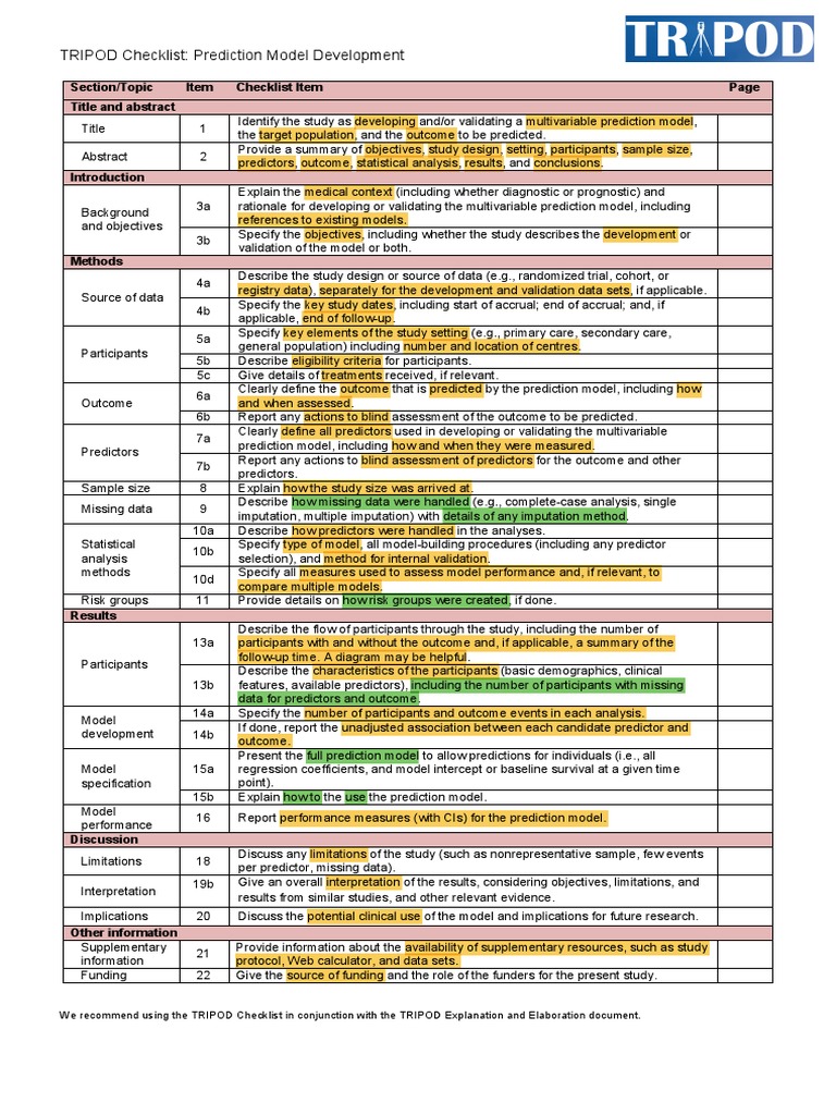 TRIPOD Checklist: Prediction Model Development: Section/Topic Item ...