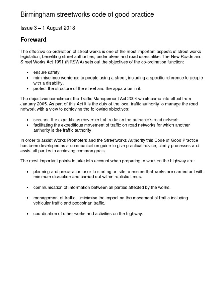 Birmingham Streetworks Code of Good Practice August 2018 PDF | PDF ...