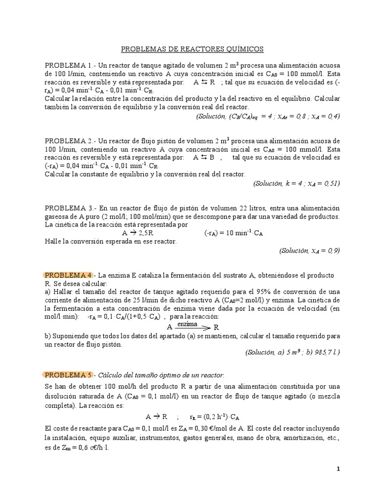 Problemas de Reactores Químicos | PDF | Reactor Quimico | Cinética química