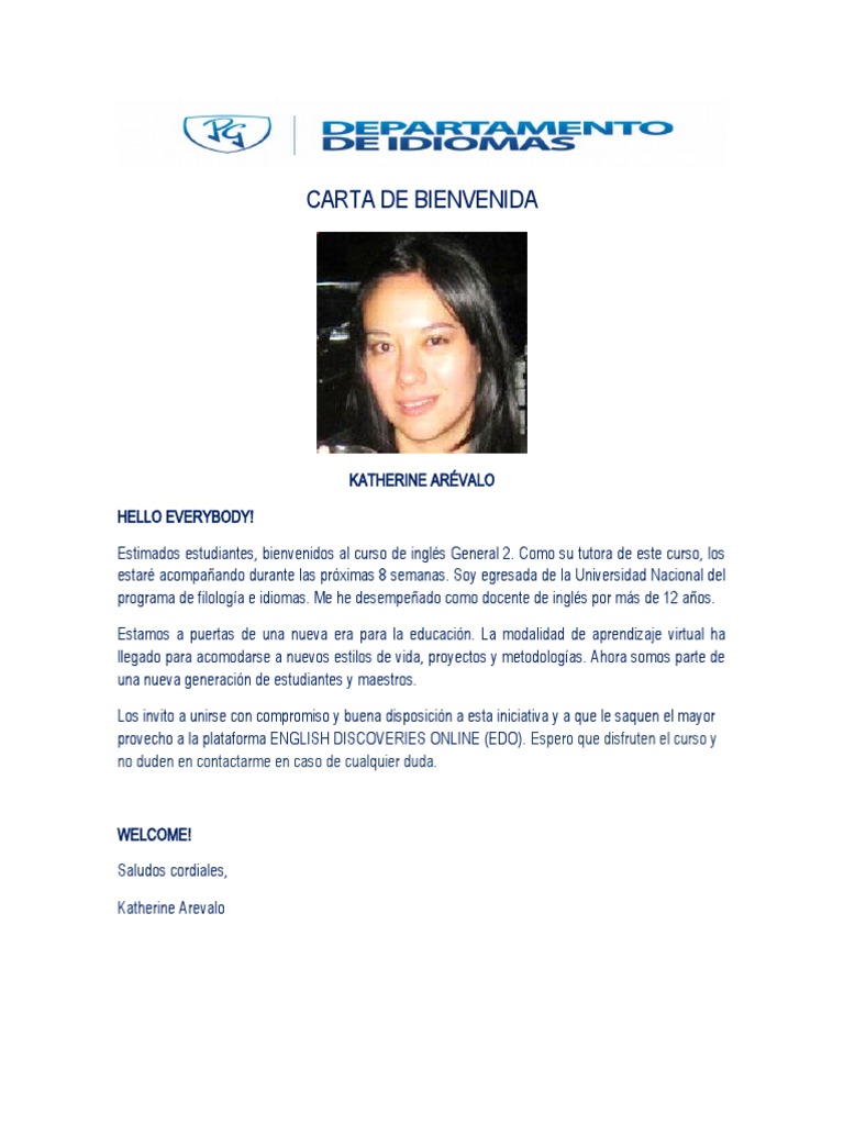 Carta de Bienvenida Katherine Arevalo Inglés General | PDF