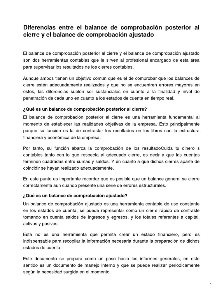 Diferencias Entre El Balance de Comprobación Posterior Al Cierre y El ...