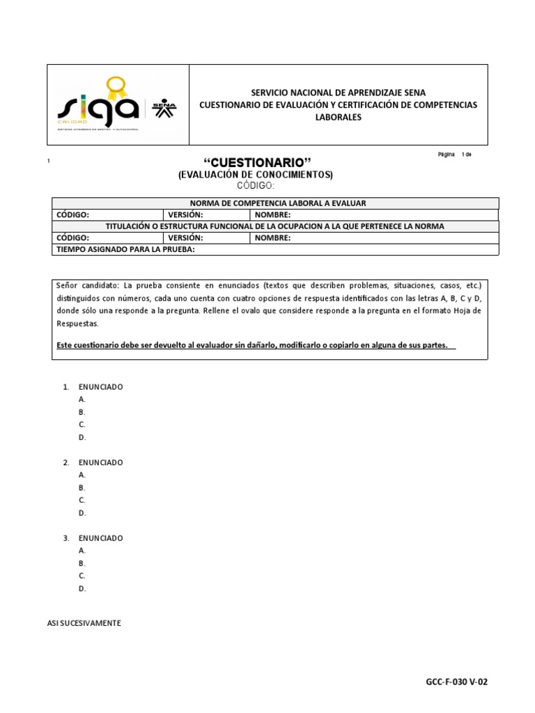 GCC-F-030 Formato Cuestionario de Evaluación y Certificación de Competencias Laborales | PDF