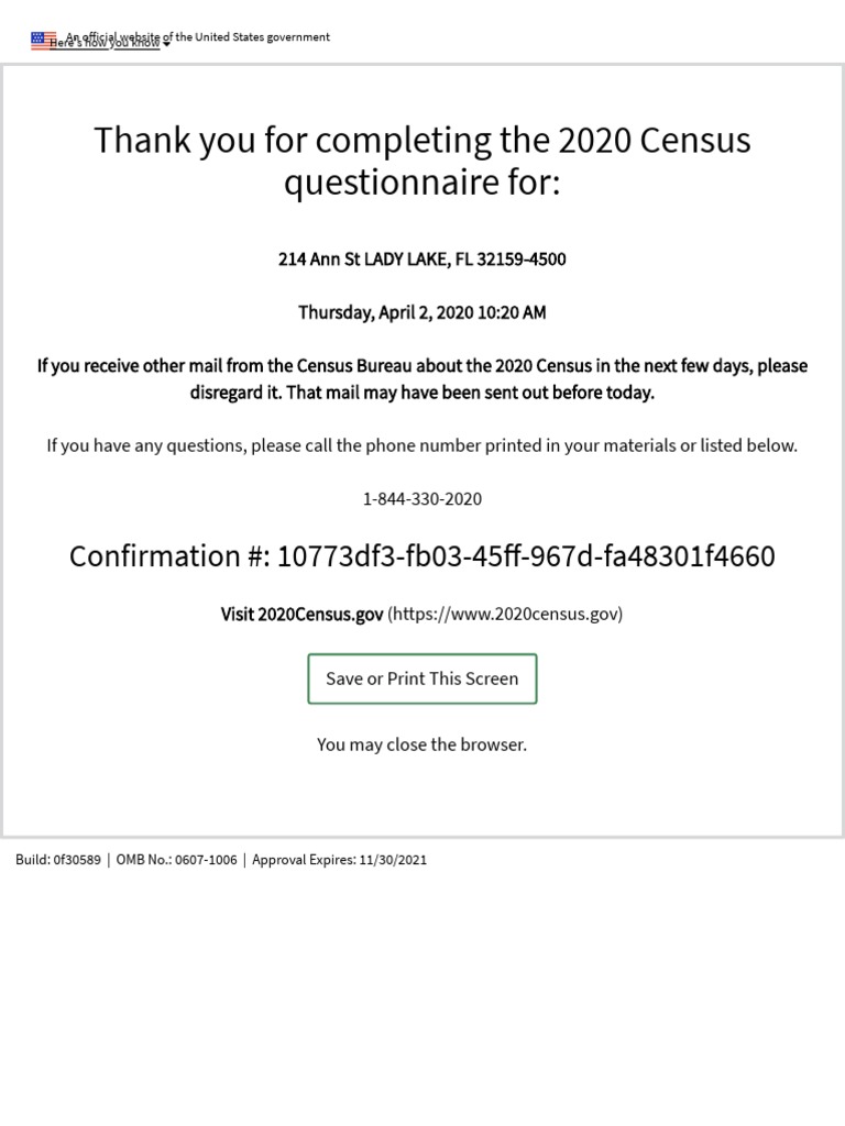 Thank You For Completing The 2020 Census Questionnaire For ...