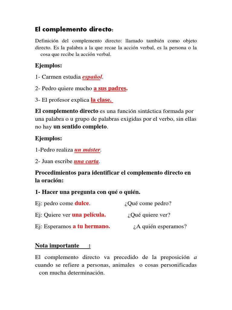 El Complemento Directo | PDF | Objeto (gramática) | Verbo