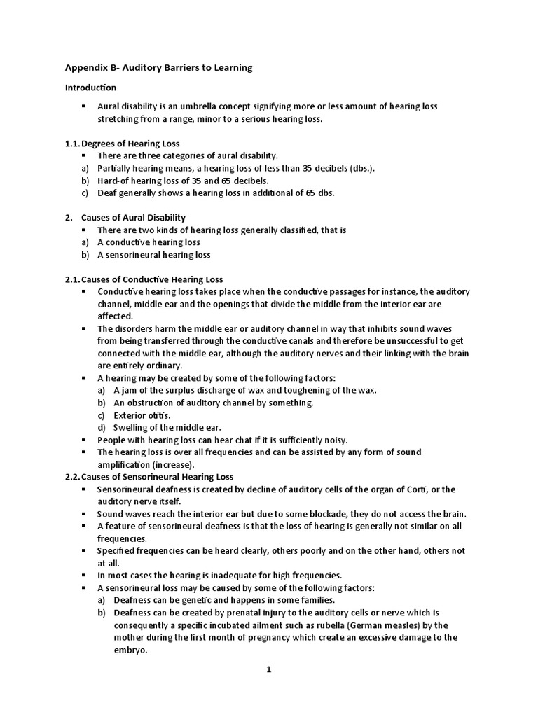 Appendix B-Auditory Barriers To Learning | PDF | Hearing Loss | Hearing