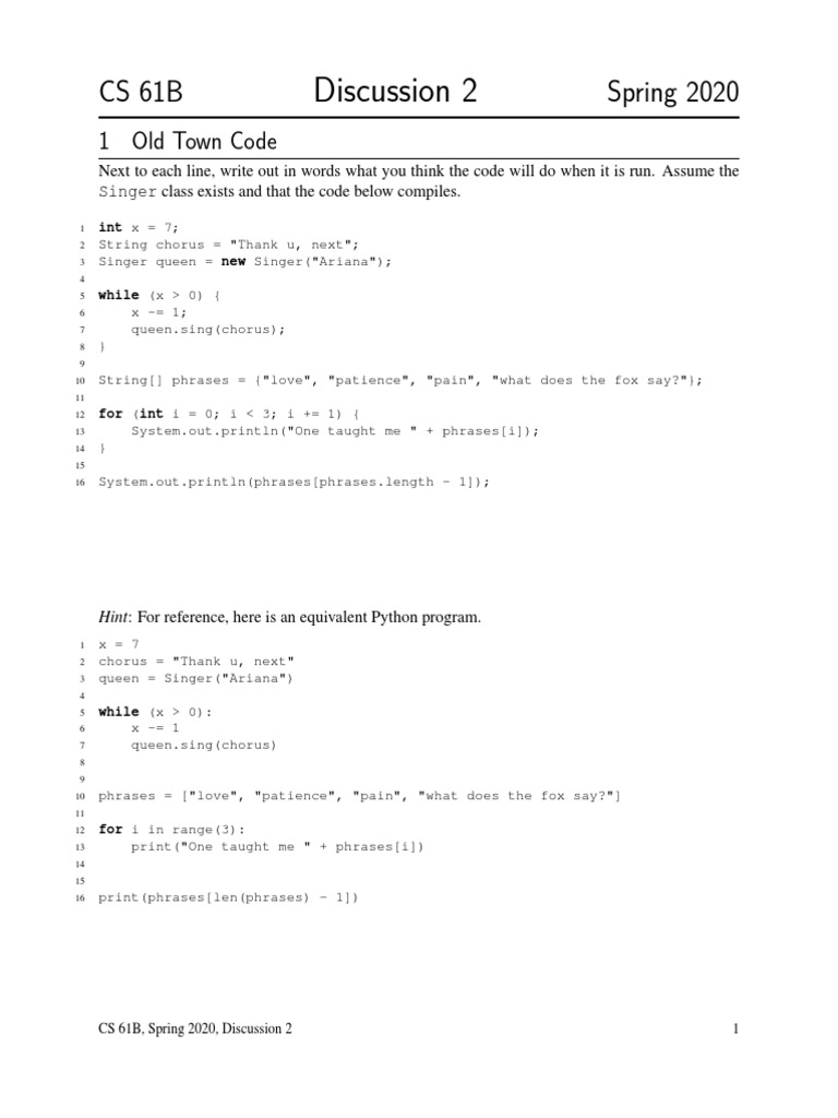 Discussion 2: CS 61B Spring 2020 | Download Free PDF | Integer (Computer Science) | Subroutine