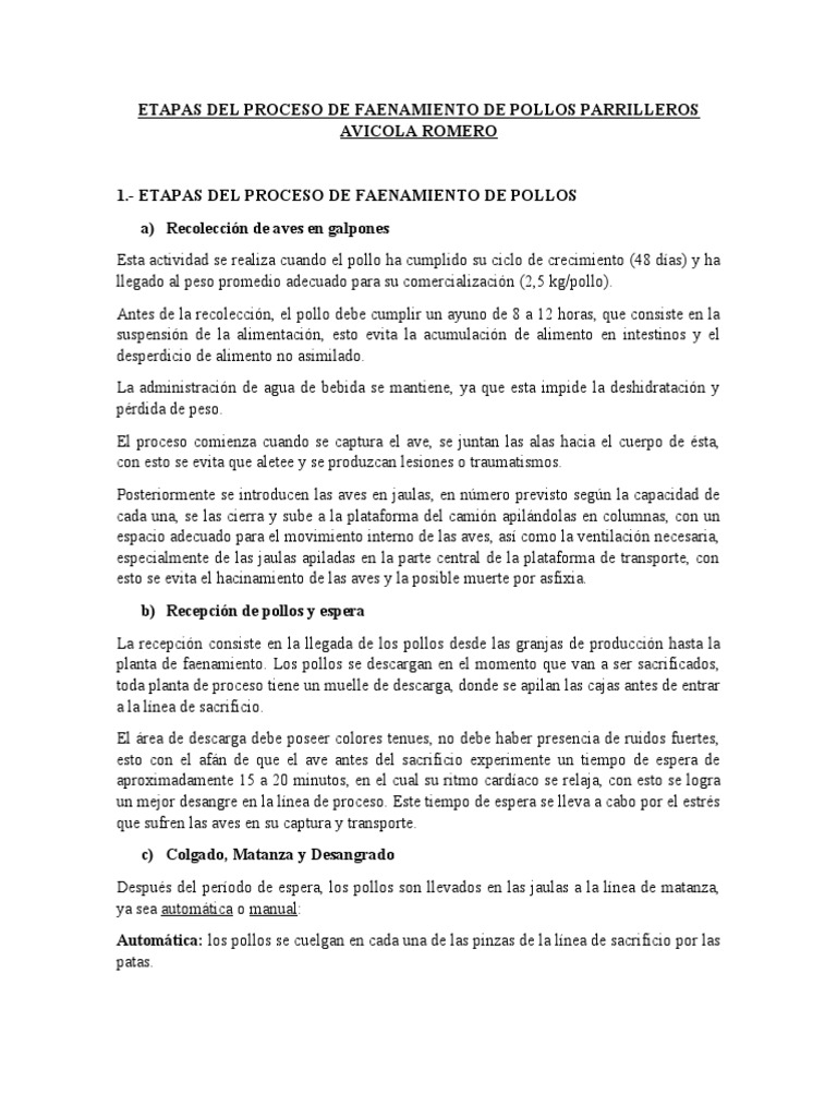 Etapas Del Proceso de Faenamiento de Pollos Parrilleros | PDF | Aves ...