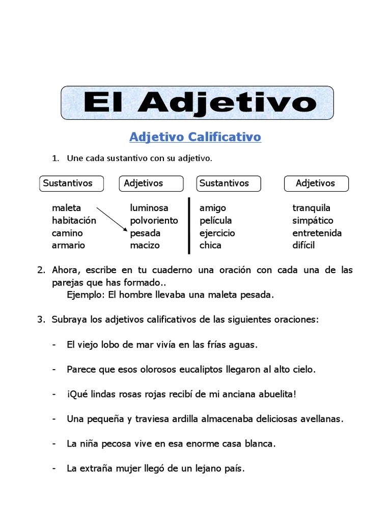 Hojas De Trabajo De Adjetivos De Primer Grado Sustantivos Adjetivos Y