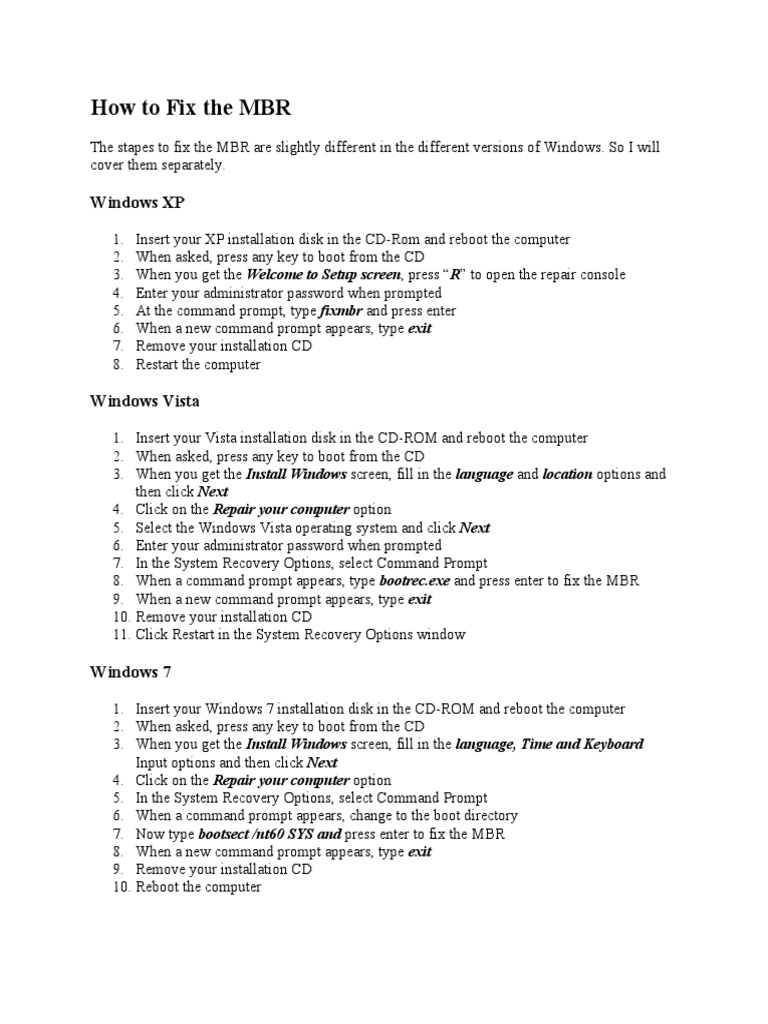 How To Fix The MBR | PDF