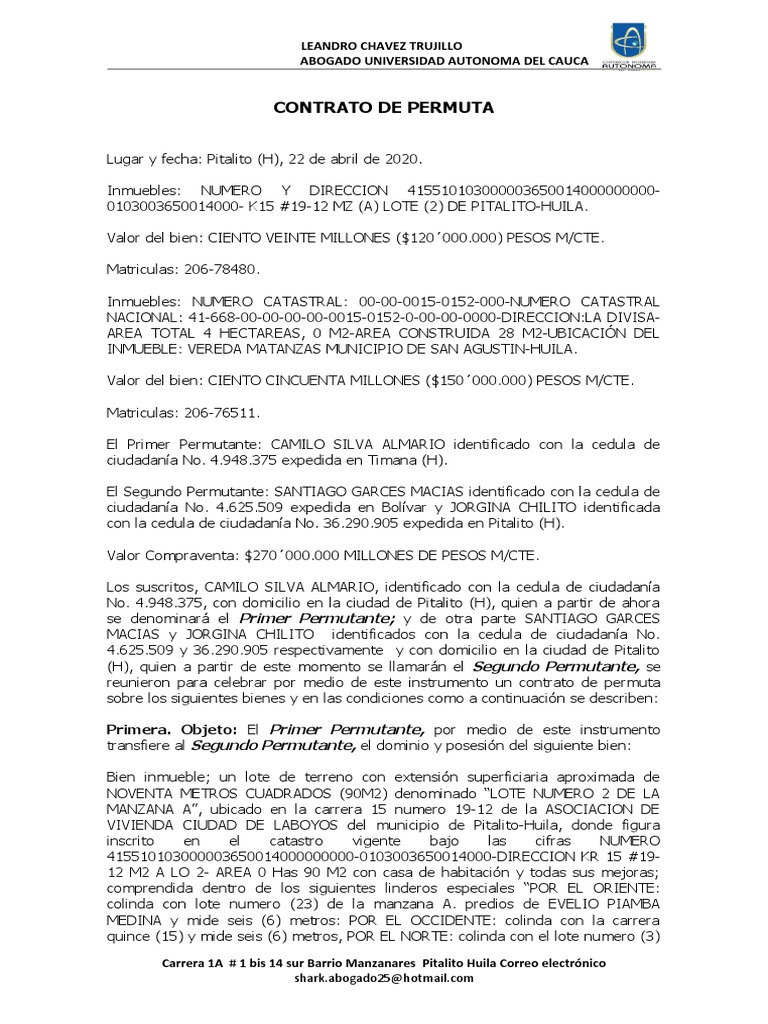 Contrato de Permuta Colombia Co | PDF | Ley común | Gobierno