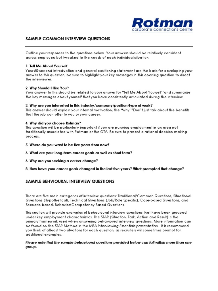 Sample Common and Behavioural Interview Questions | PDF | Job Interview ...