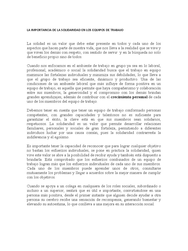 La Importancia de La Solidaridad en Los Equipos de Trabajo | PDF
