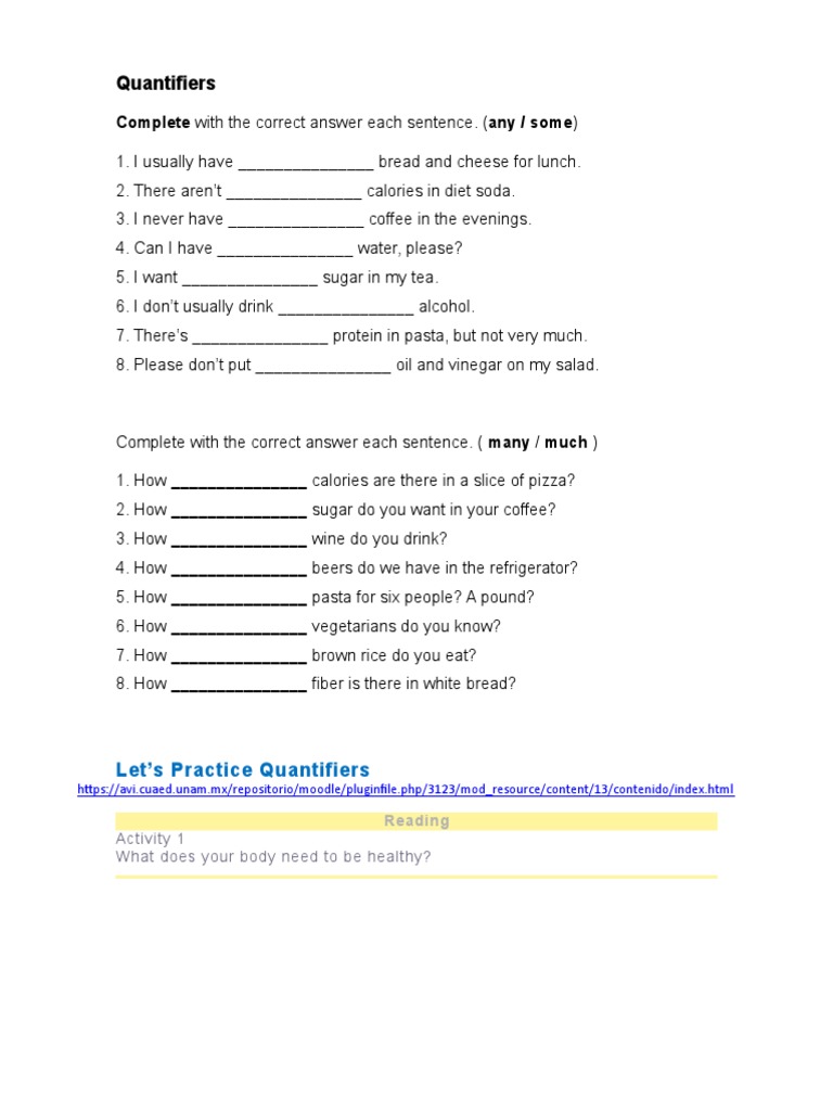 Quantifiers: Complete With The Correct Answer Each Sentence. (Any / Some) | PDF