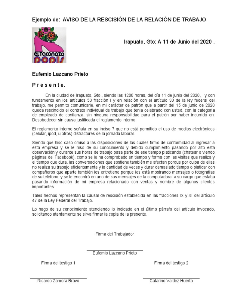 Aviso de Rescisión de Trabajo | PDF