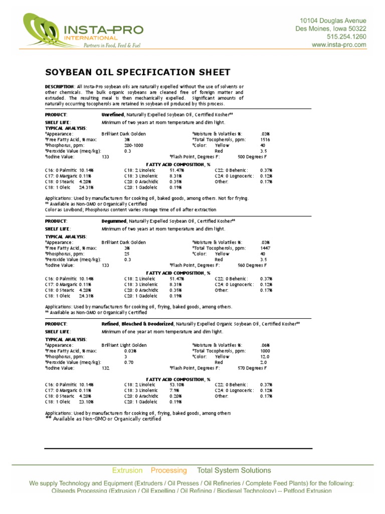 Soybean Oil Specifications Overview | PDF | Chemical Substances ...