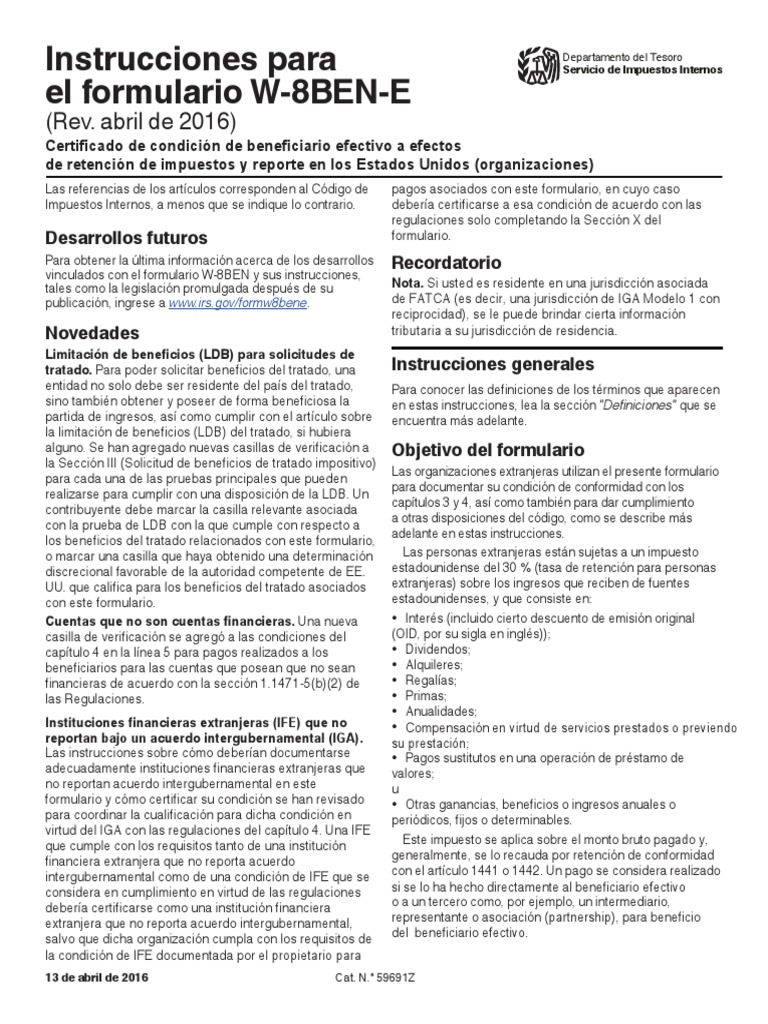 Instrucciones para El Formulario W-8BEN-E (Rev. Abril de 2016) | PDF | Ley de fideicomiso ...