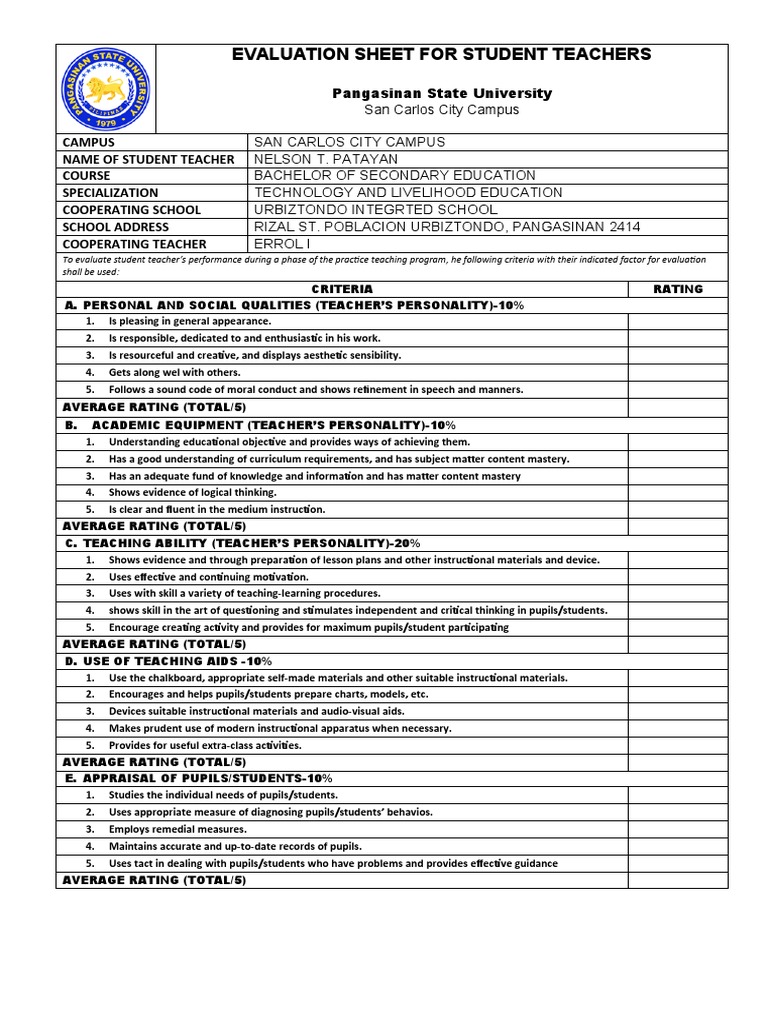 EVALUATION SHEET FOR STUDENT TEACHERS and PT SUMMARY RATING FORM ...