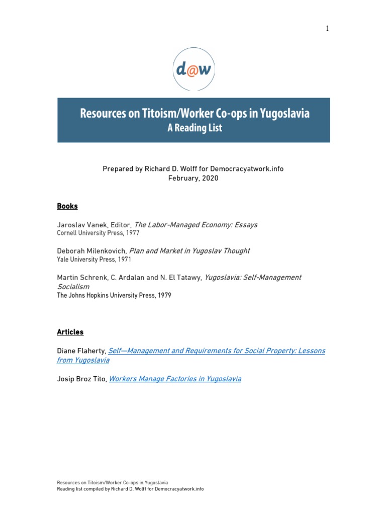 Yugoslav Worker Co-ops Reading List | PDF