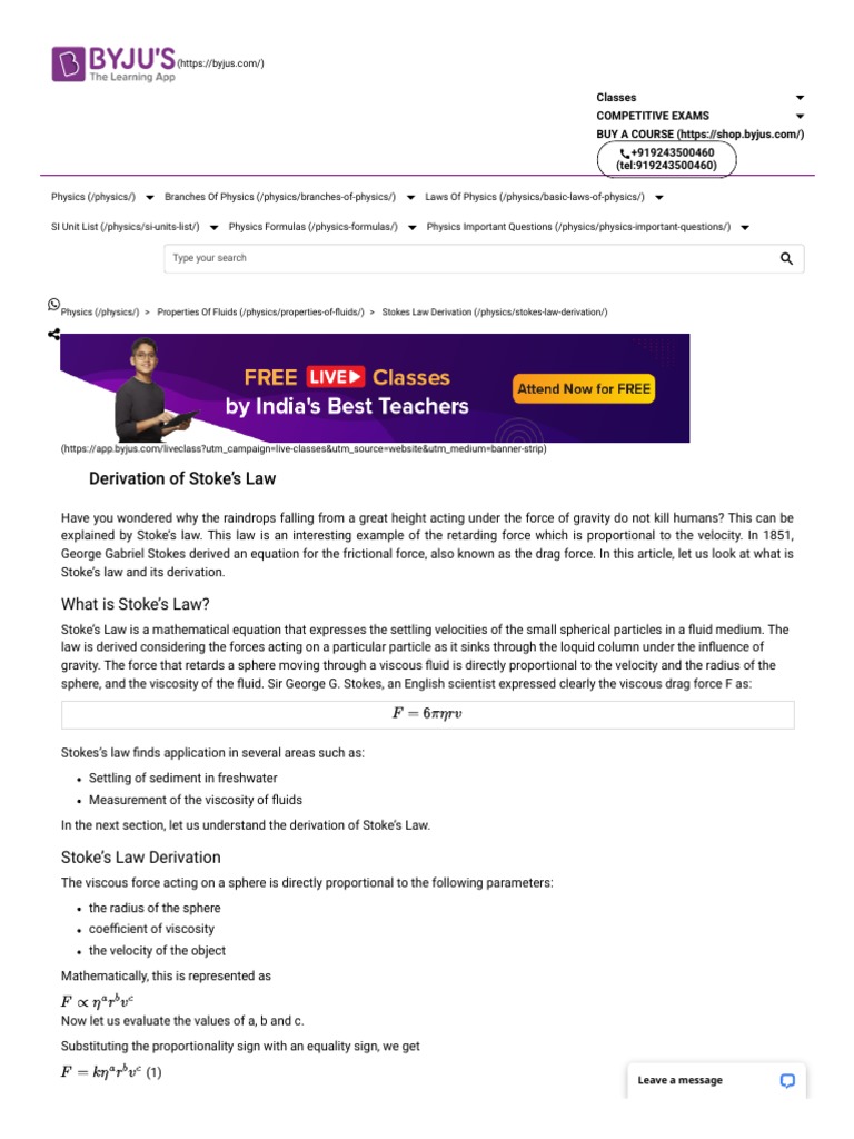 Stokes Law Derivation - Stokes Formula and Terminal Velocity | PDF ...