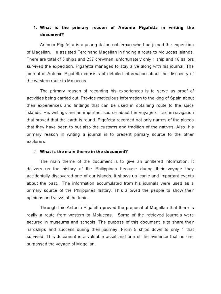 What Is The Primary Reason of Antonio Pigafetta in Writing The Document ...