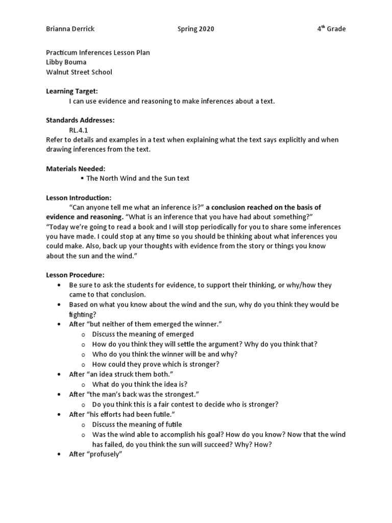 Practicum Inferences Lesson Plan | PDF | Inference | Reason
