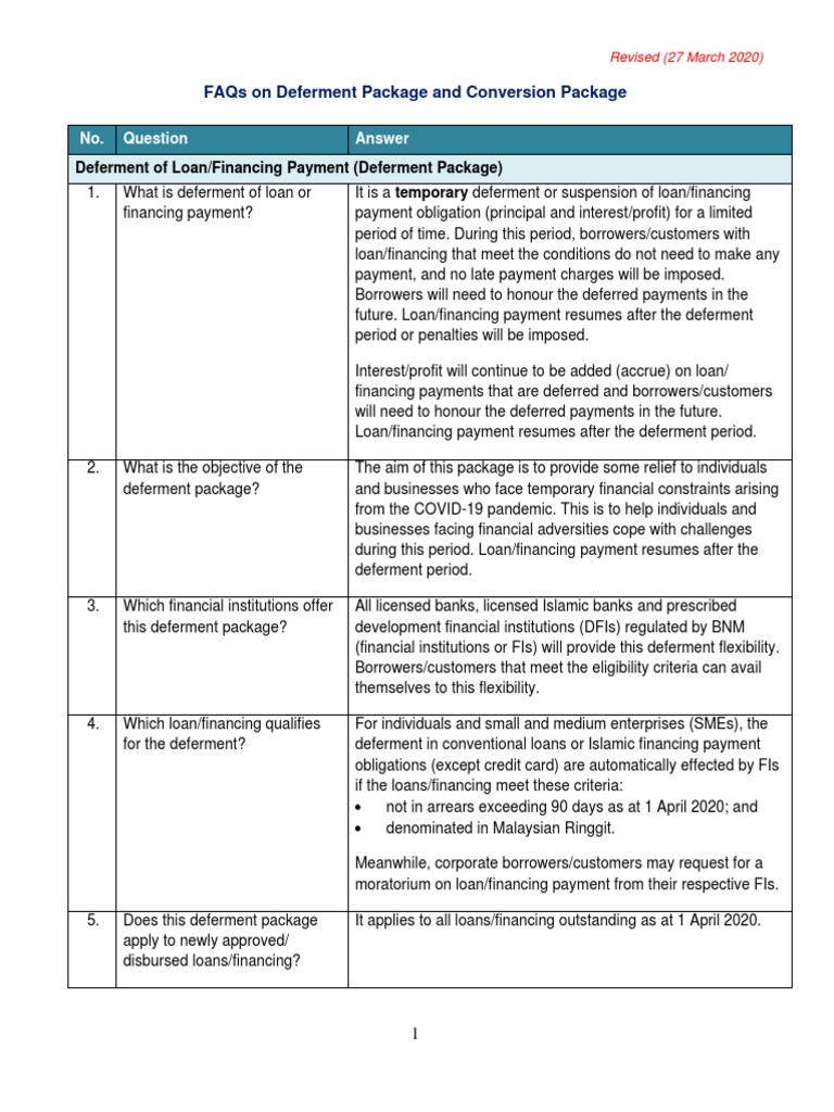 Faqs On Deferment Package and Conversion Package: No. Answer | PDF ...